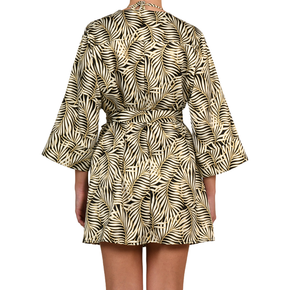 Tropical Black Satin Mini Kimono Dress – Ino Mei